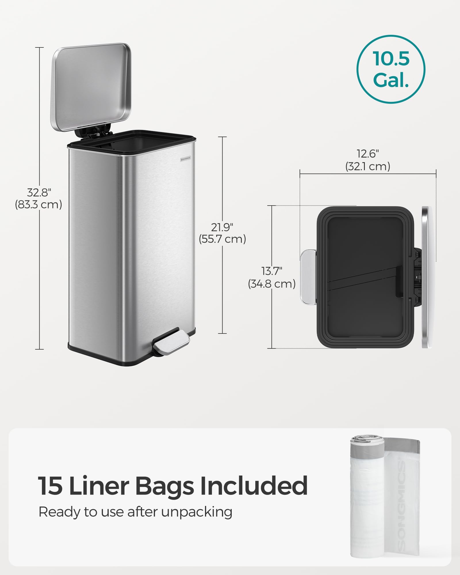SONGMICS Kitchen Trash Can, 10.5 Gallon (40 L) Garbage Can, Large Step Trash Bin with Lid, Stainless Steel, Soft Close, 15 Trash Bags Included, Silver ULTB540E40