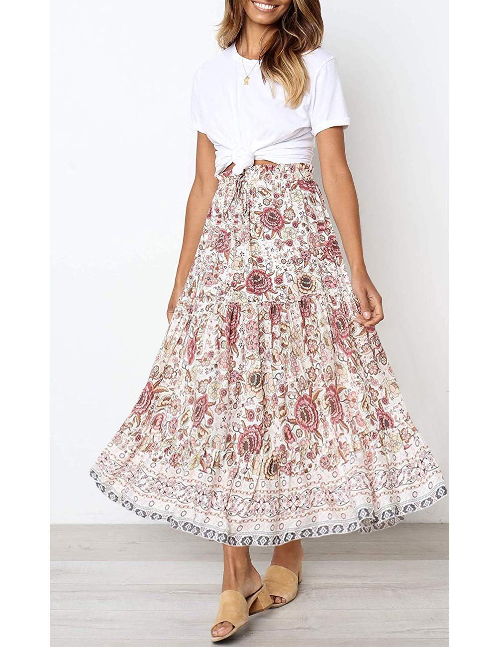 MEROKEETY Women's Boho Floral Print Elastic High Waist Pleated A Line Maxi Skirt White