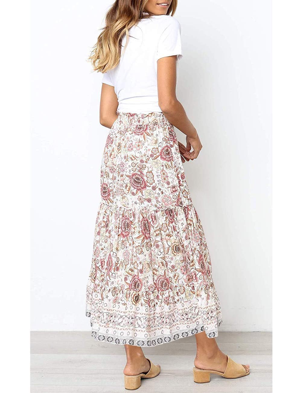 MEROKEETY Women's Boho Floral Print Elastic High Waist Pleated A Line Maxi Skirt White