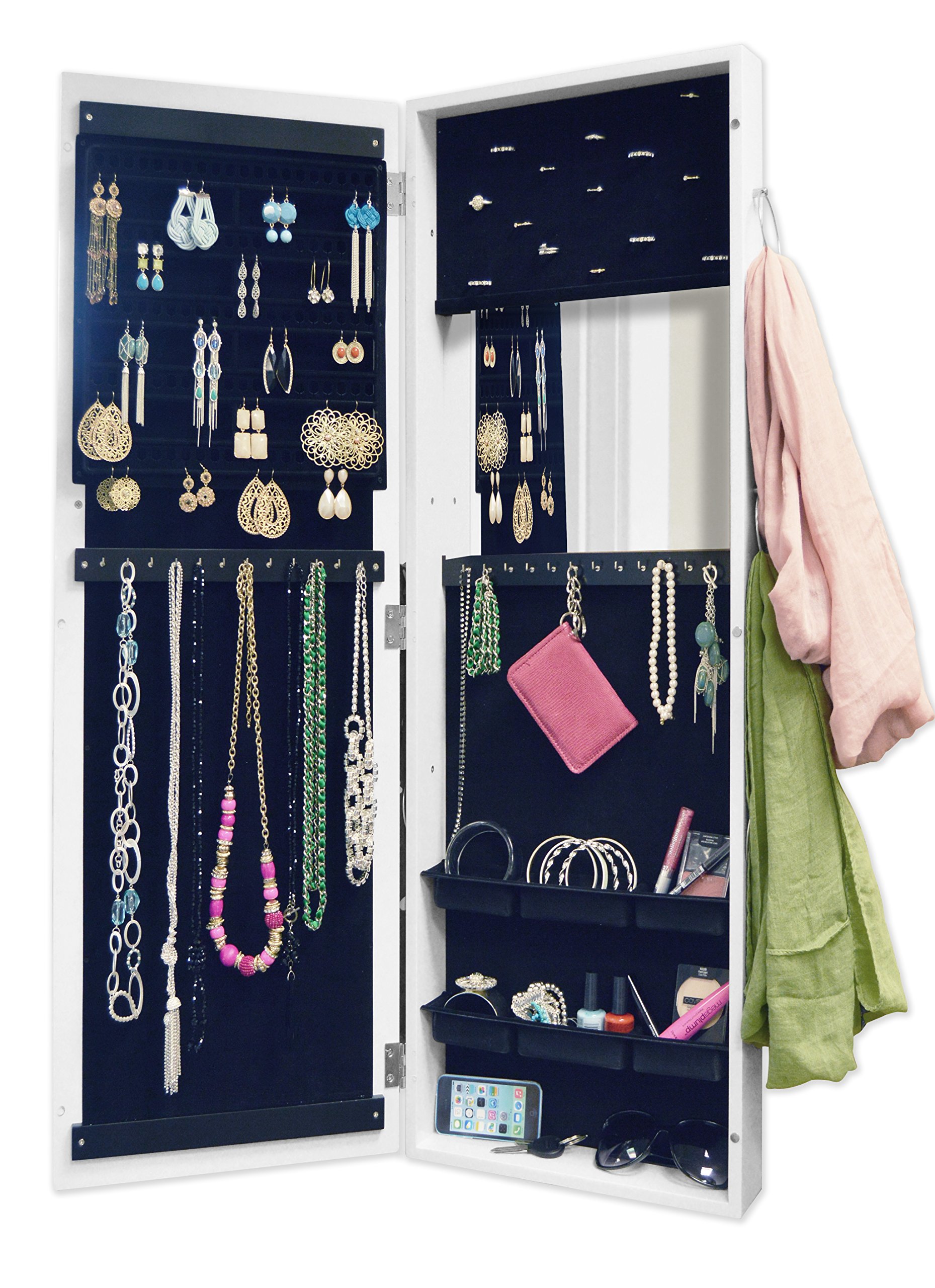 NEW VIEW Over The Door Black Jewelry Cabinet w/Full Length Mirror, Scarf Holder and Knob Handle (01-00-12893)