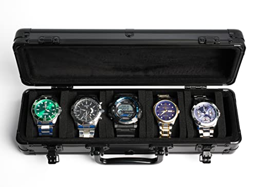 RIGICASE Aluminum 5 slots Hard men's watch box case, Luxury watch display storage organizer box with soft foam pillows snug fit all size watches up to 60mm face