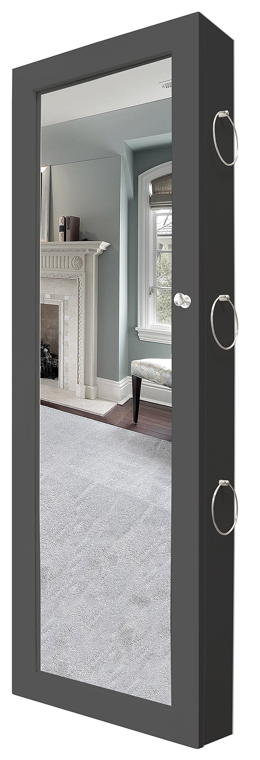NEW VIEW Over The Door Black Jewelry Cabinet w/Full Length Mirror, Scarf Holder and Knob Handle (01-00-12893)