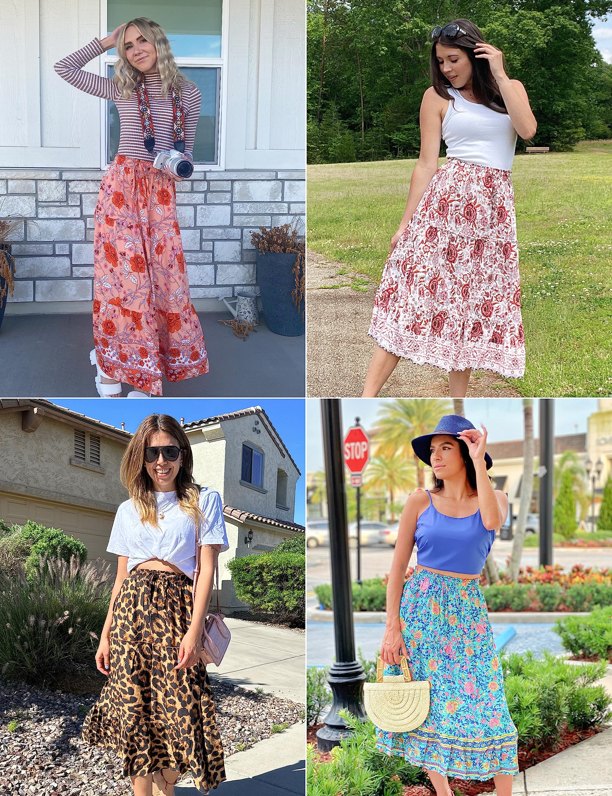 MEROKEETY Women's Boho Floral Print Elastic High Waist Pleated A Line Maxi Skirt White
