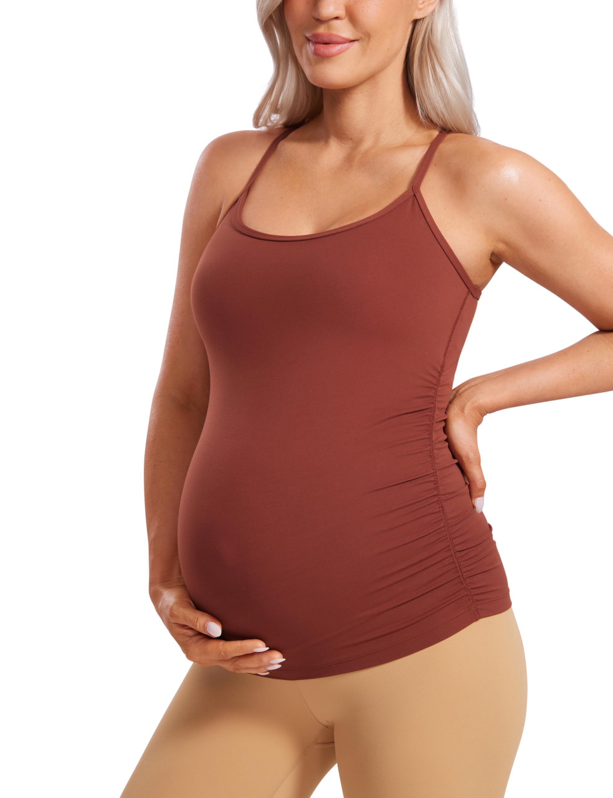 CRZ YOGA Butterluxe Y Back Maternity Tank Tops for Women Ruched Pregnancy Basic Camisole Sleeveless Athletic Yoga Shirts Jujube Brown Large