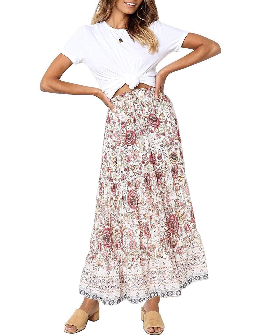 MEROKEETY Women's Boho Floral Print Elastic High Waist Pleated A Line Maxi Skirt White