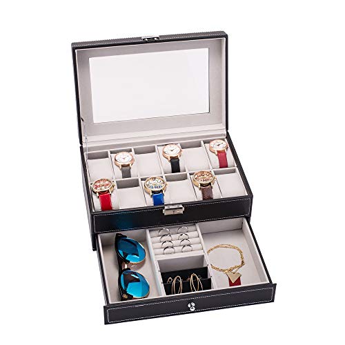 Knocbel 12 Slots Watch Box Organizer Jewelry Display Case with 1 Drawer, Metal Lock, Glass Top & Removable Velvet Pillows (Black Leather)