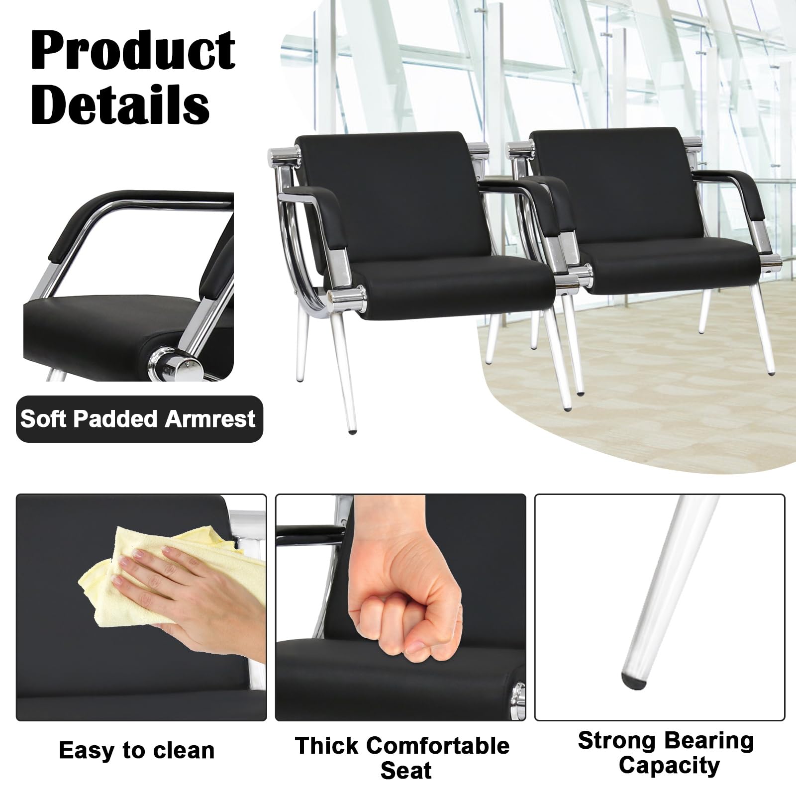 Kinbor 2Pcs Reception Chairs - Black PU Leather Lobby Chairs, Airport Chairs