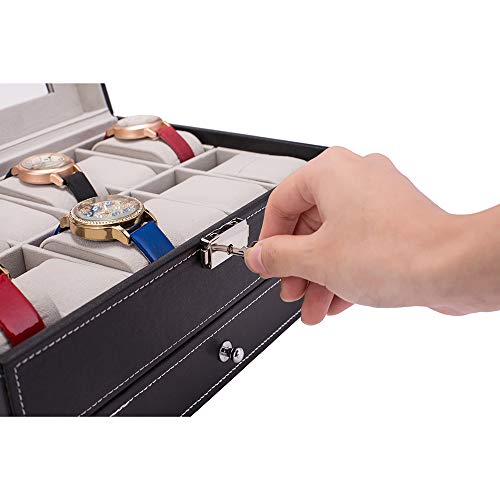 Knocbel 12 Slots Watch Box Organizer Jewelry Display Case with 1 Drawer, Metal Lock, Glass Top & Removable Velvet Pillows (Black Leather)