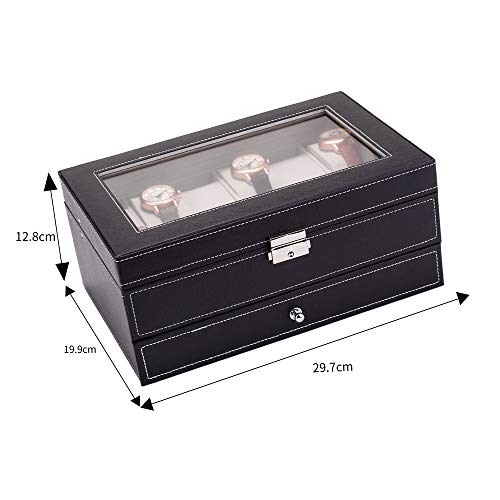 Knocbel 12 Slots Watch Box Organizer Jewelry Display Case with 1 Drawer, Metal Lock, Glass Top & Removable Velvet Pillows (Black Leather)