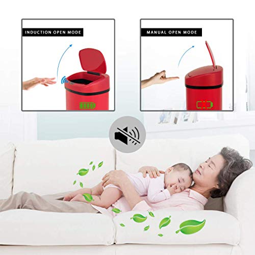 Dkeli Kitchen Trash Can for Bathroom Bedroom Home Office Automatic Touch Free High-Capacity Garbage Can with Lid Brushed Stainless Steel Waste Bin 13 Gallon / 50L - Red