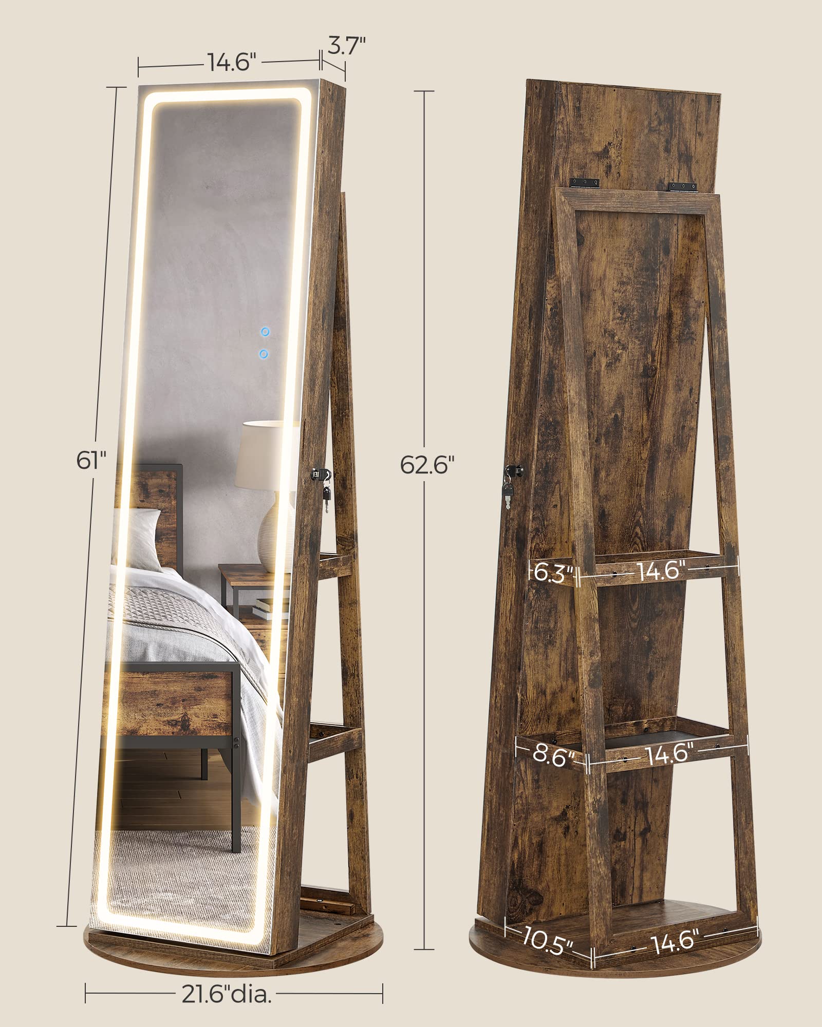 SONGMICS LED Mirror Jewelry Cabinet Standing, Lockable Jewelry Armoire with Full-Length Mirror and Adjustable LED Lights, Space-Saving Jewelry Organizer with Mirror, Gift Idea, Rustic Brown UJJC008X01