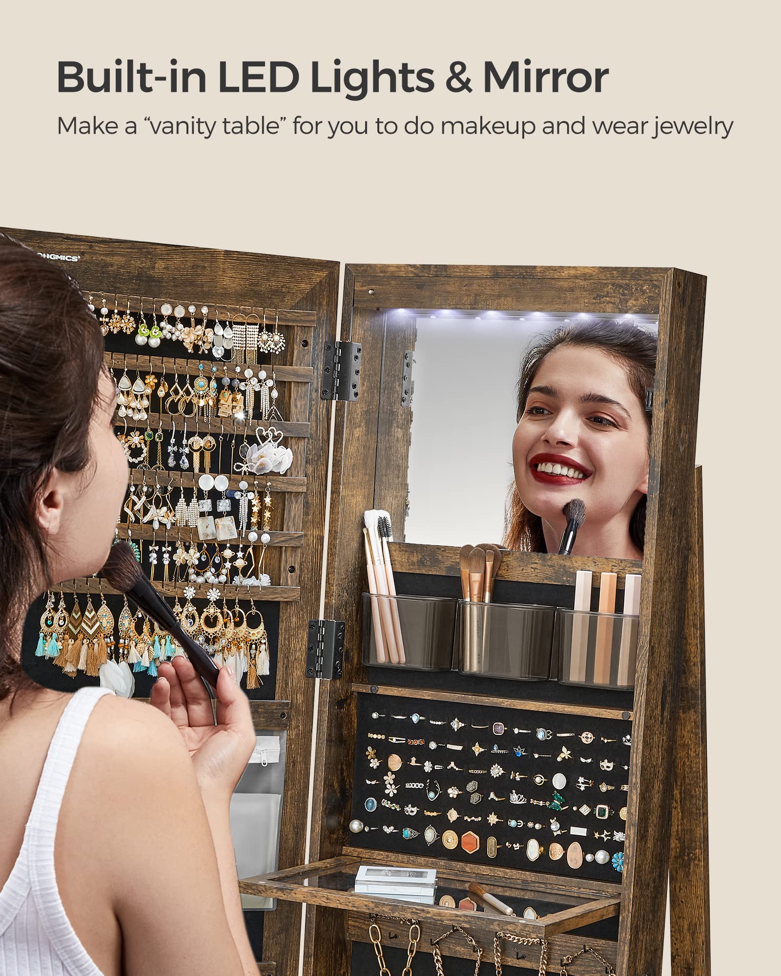 SONGMICS LED Mirror Jewelry Cabinet Standing, Lockable Jewelry Armoire with Full-Length Mirror and Adjustable LED Lights, Space-Saving Jewelry Organizer with Mirror, Gift Idea, Rustic Brown UJJC008X01