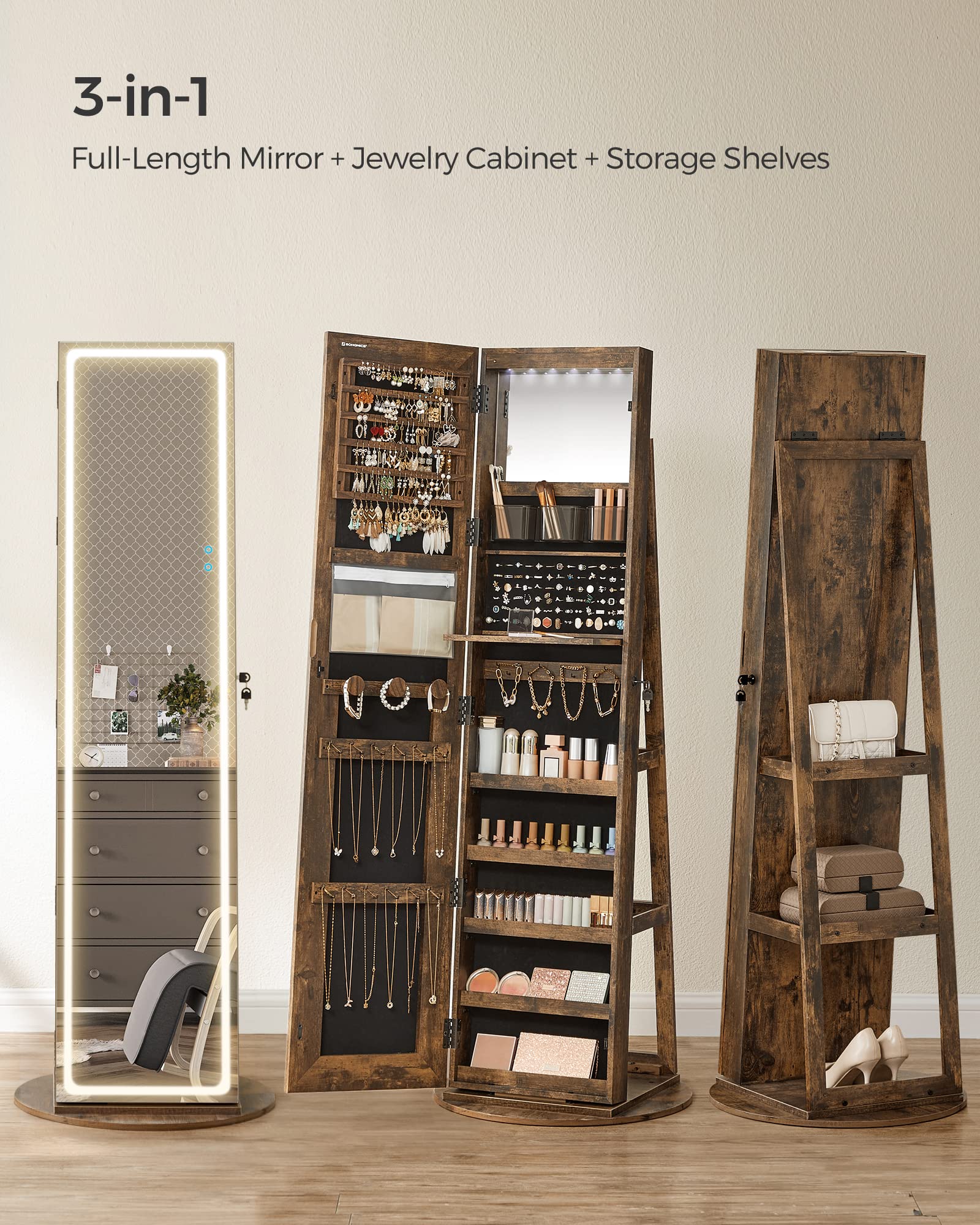 SONGMICS LED Mirror Jewelry Cabinet Standing, Lockable Jewelry Armoire with Full-Length Mirror and Adjustable LED Lights, Space-Saving Jewelry Organizer with Mirror, Gift Idea, Rustic Brown UJJC008X01
