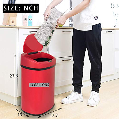 Dkeli Kitchen Trash Can for Bathroom Bedroom Home Office Automatic Touch Free High-Capacity Garbage Can with Lid Brushed Stainless Steel Waste Bin 13 Gallon / 50L - Red
