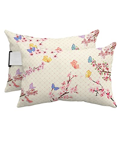 Recliner Head Pillow Ledge Loungers Chair Pillows with Insert Butterfly Cherry Blossoms Pink Beige Lumbar Pillow with Adjustable Strap Outside Patio Decorative Garden Cushion for Bench Couch, 2 PCS