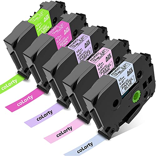 Replacement for Brother P-Touch Label Maker Tape TZe 12mm 0.47 Inch Laminated TZ Colored Tape Compatible with Brother P Touch Label Maker PT-D210 PT-H110 PT-1880 PT-D400, 1/2" x 26.2', 5 Pack