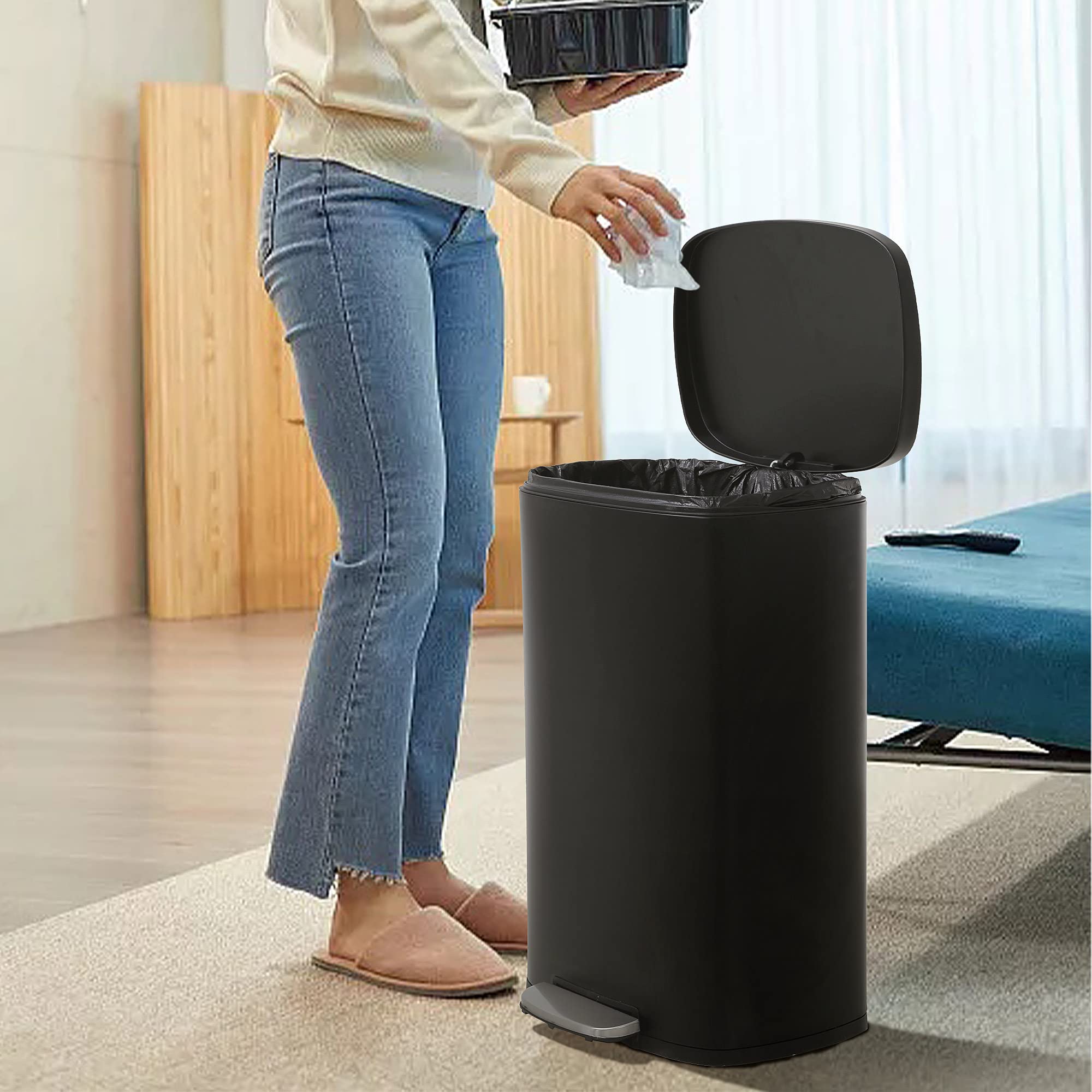 13 Gallon Trash Can, Brushed Stainless Steel Kitchen Trash Can with Soft-close Lid, Fingerprint-resistant Kitchen Garbage Can with Foot Pedal and Inner Bucket, Odor Proof Trash Can Garbage Can, BLACK