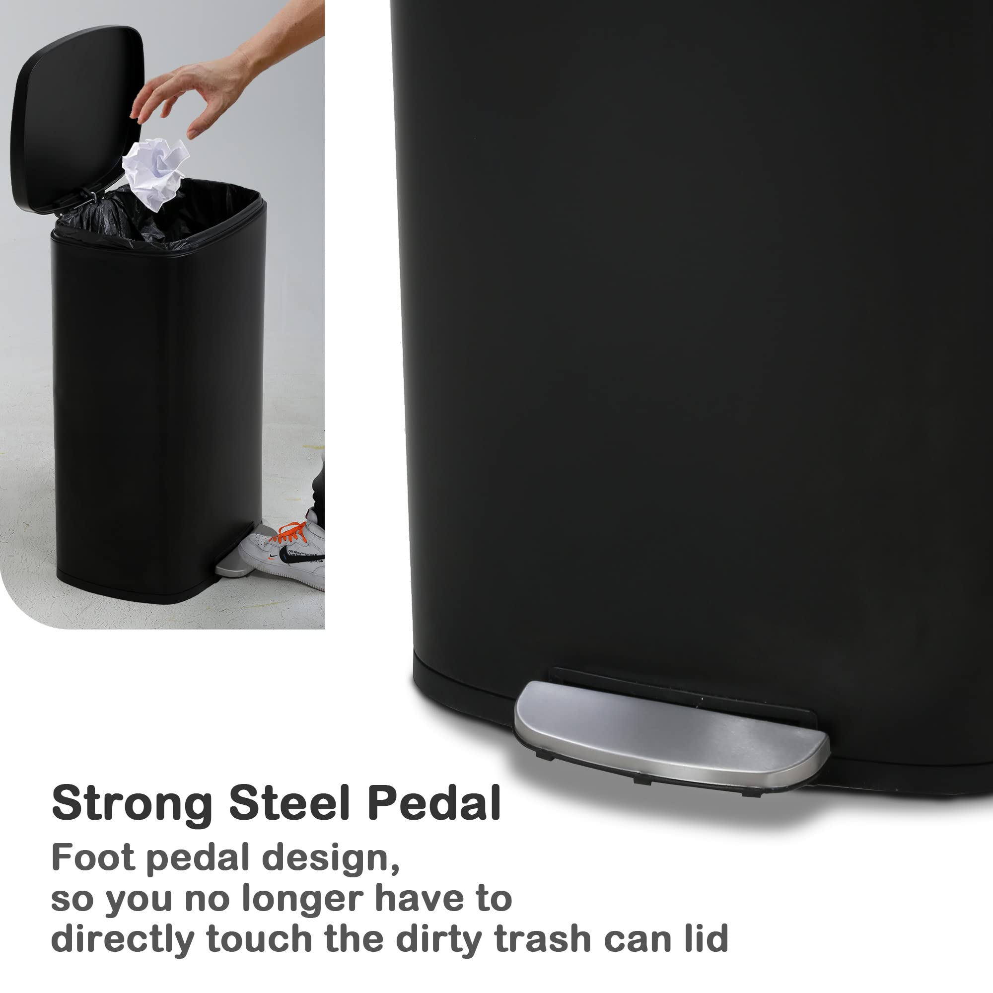 13 Gallon Trash Can, Brushed Stainless Steel Kitchen Trash Can with Soft-close Lid, Fingerprint-resistant Kitchen Garbage Can with Foot Pedal and Inner Bucket, Odor Proof Trash Can Garbage Can, BLACK