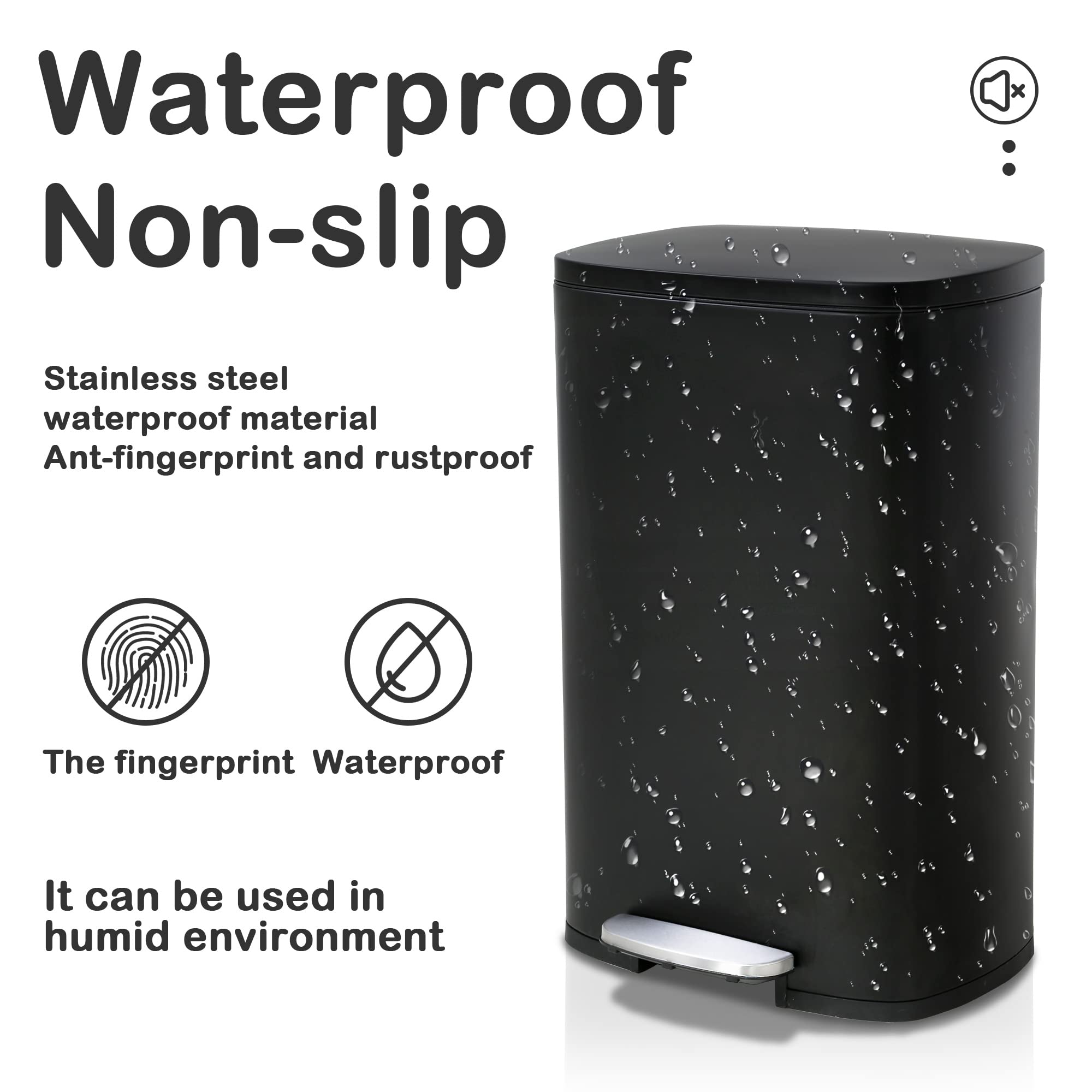 13 Gallon Trash Can, Brushed Stainless Steel Kitchen Trash Can with Soft-close Lid, Fingerprint-resistant Kitchen Garbage Can with Foot Pedal and Inner Bucket, Odor Proof Trash Can Garbage Can, BLACK