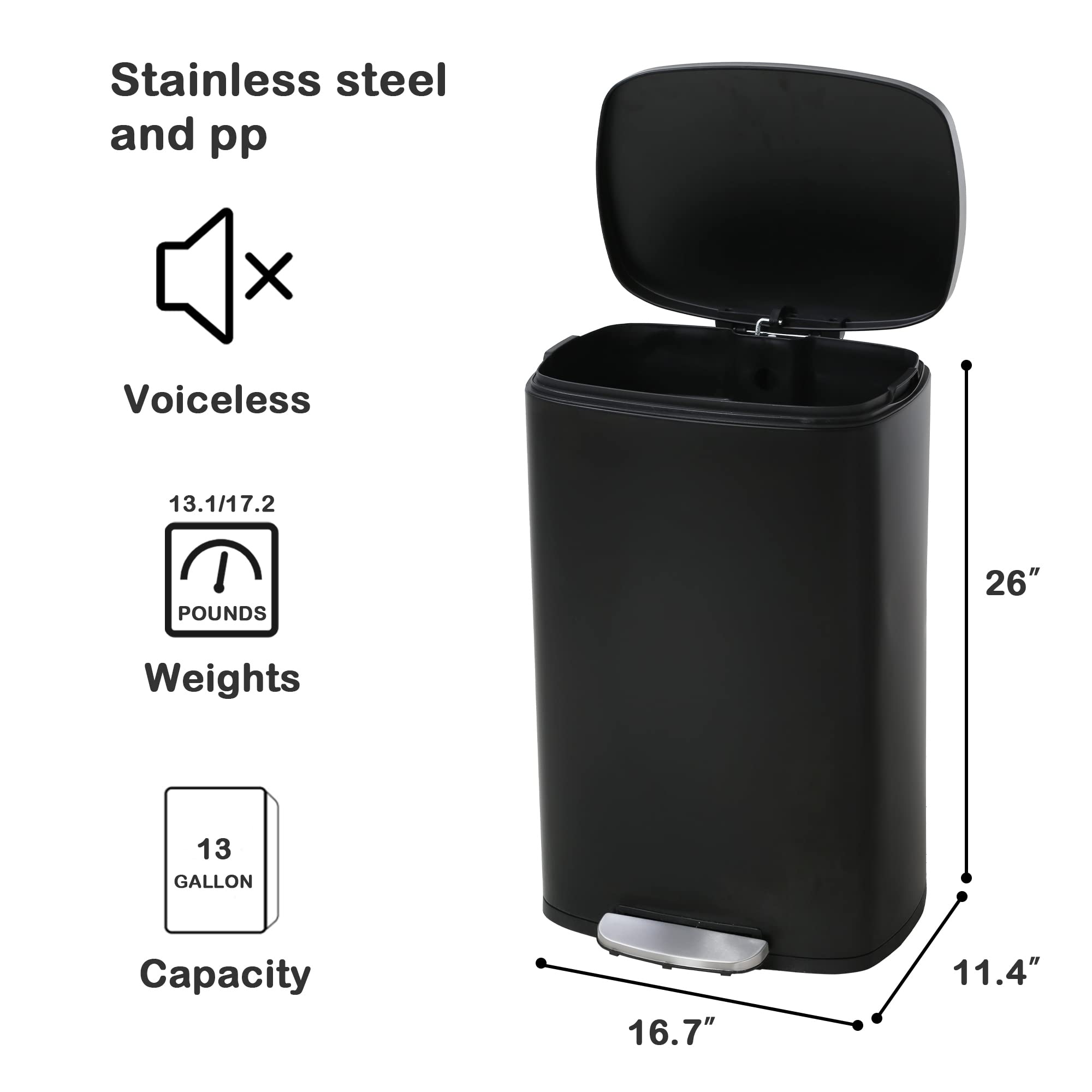 13 Gallon Trash Can, Brushed Stainless Steel Kitchen Trash Can with Soft-close Lid, Fingerprint-resistant Kitchen Garbage Can with Foot Pedal and Inner Bucket, Odor Proof Trash Can Garbage Can, BLACK