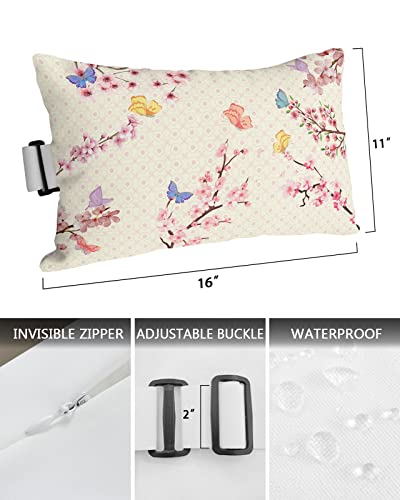 Recliner Head Pillow Ledge Loungers Chair Pillows with Insert Butterfly Cherry Blossoms Pink Beige Lumbar Pillow with Adjustable Strap Outside Patio Decorative Garden Cushion for Bench Couch, 2 PCS