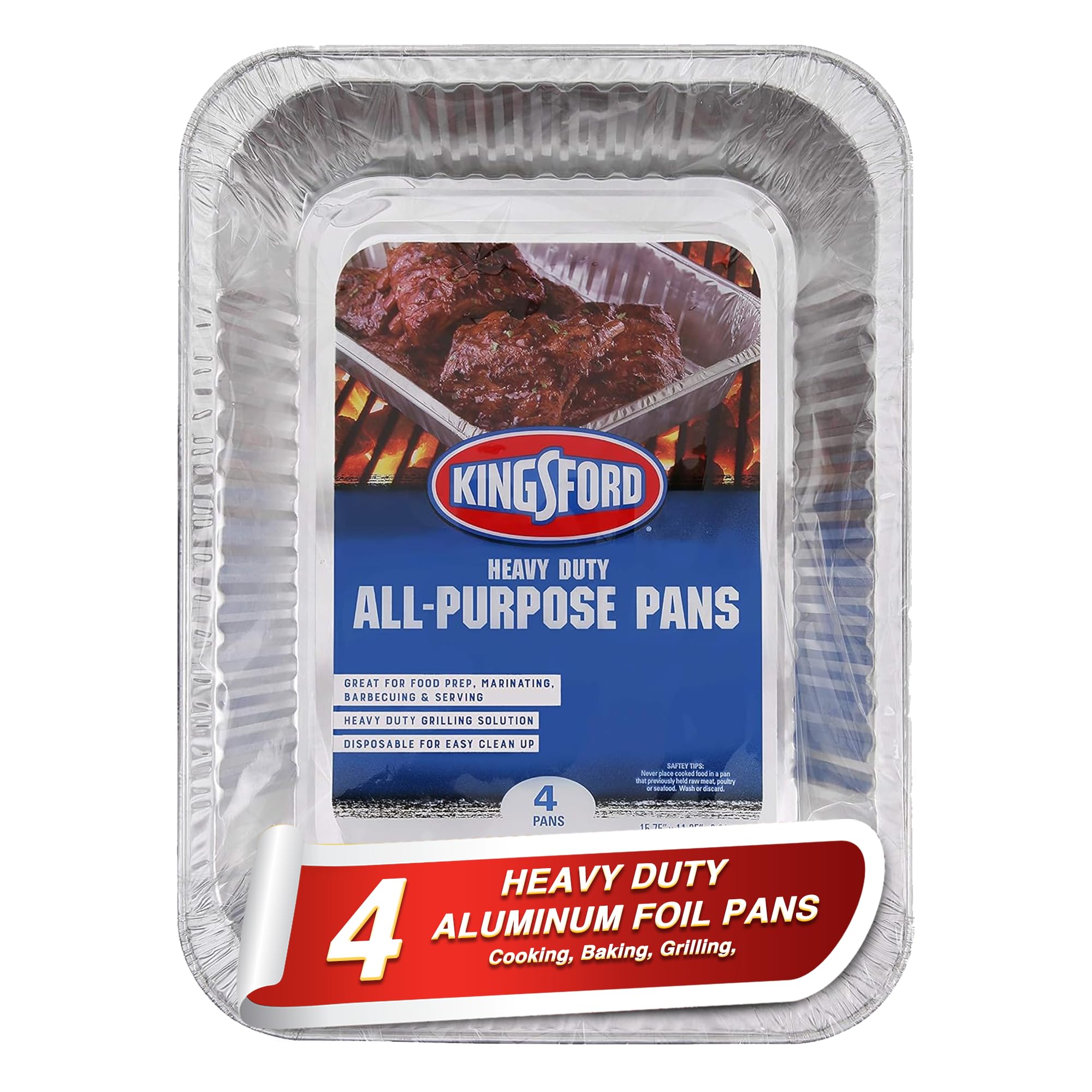 Kingsford Heavy Duty Large Aluminum Pans - Disposable Aluminum Pans for Cooking, Baking, Grilling, Frying & Roasting - Ideal Disposable Chafing Dish, Broiler, & Outdoor Tray 4 Count, (Pack of 1)