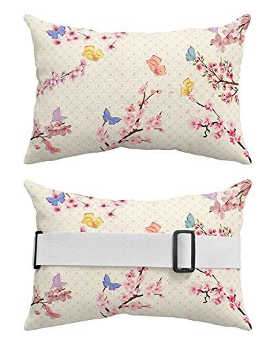 Recliner Head Pillow Ledge Loungers Chair Pillows with Insert Butterfly Cherry Blossoms Pink Beige Lumbar Pillow with Adjustable Strap Outside Patio Decorative Garden Cushion for Bench Couch, 2 PCS