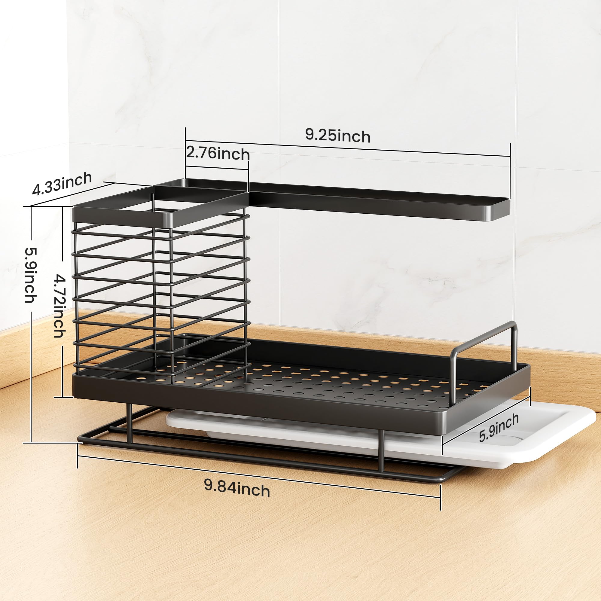 ODesign Large Kitchen Sink Caddy Organizer Sponge Soap Brush Holder with Drain Pan Tray Stainless Steel - Black
