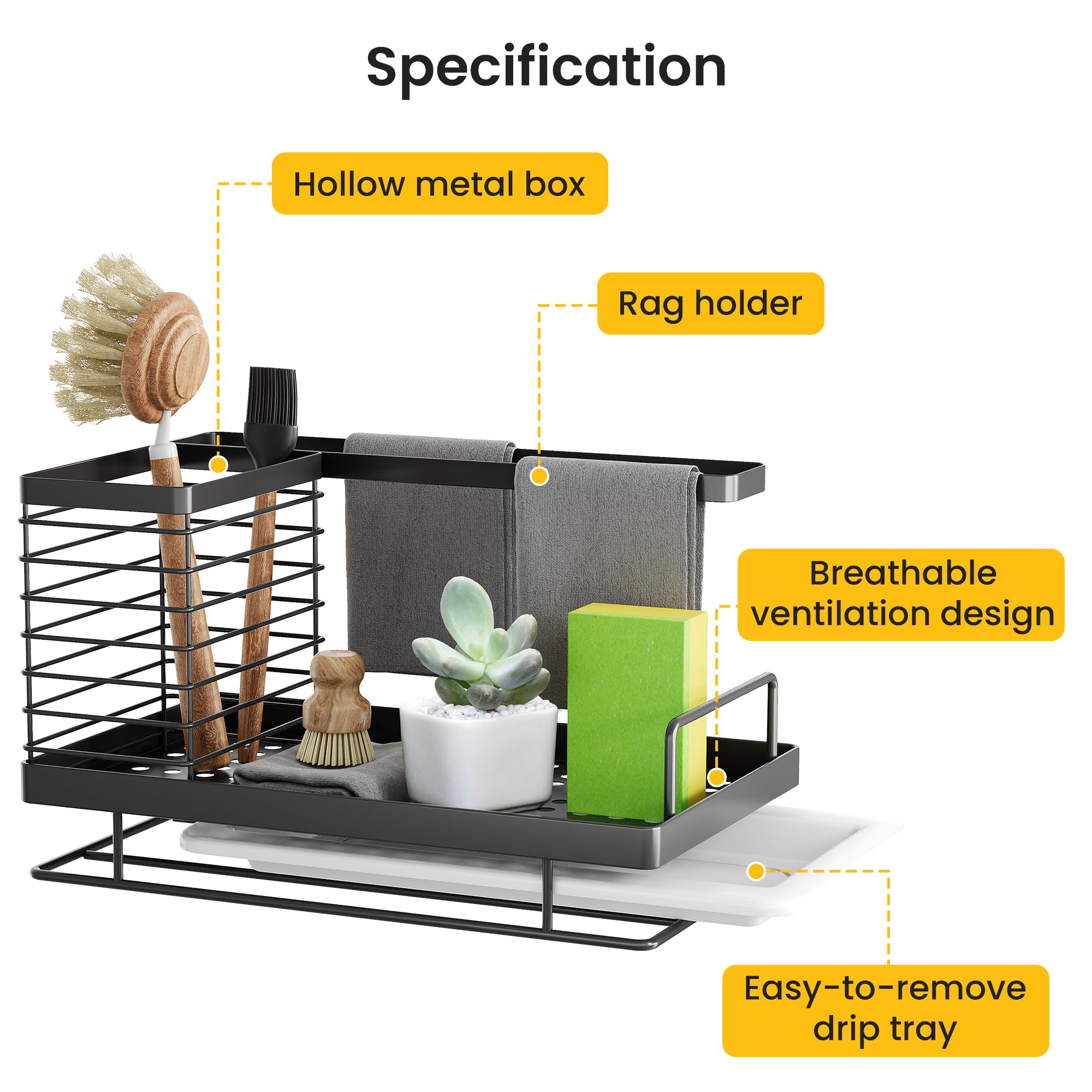 ODesign Large Kitchen Sink Caddy Organizer Sponge Soap Brush Holder with Drain Pan Tray Stainless Steel - Black