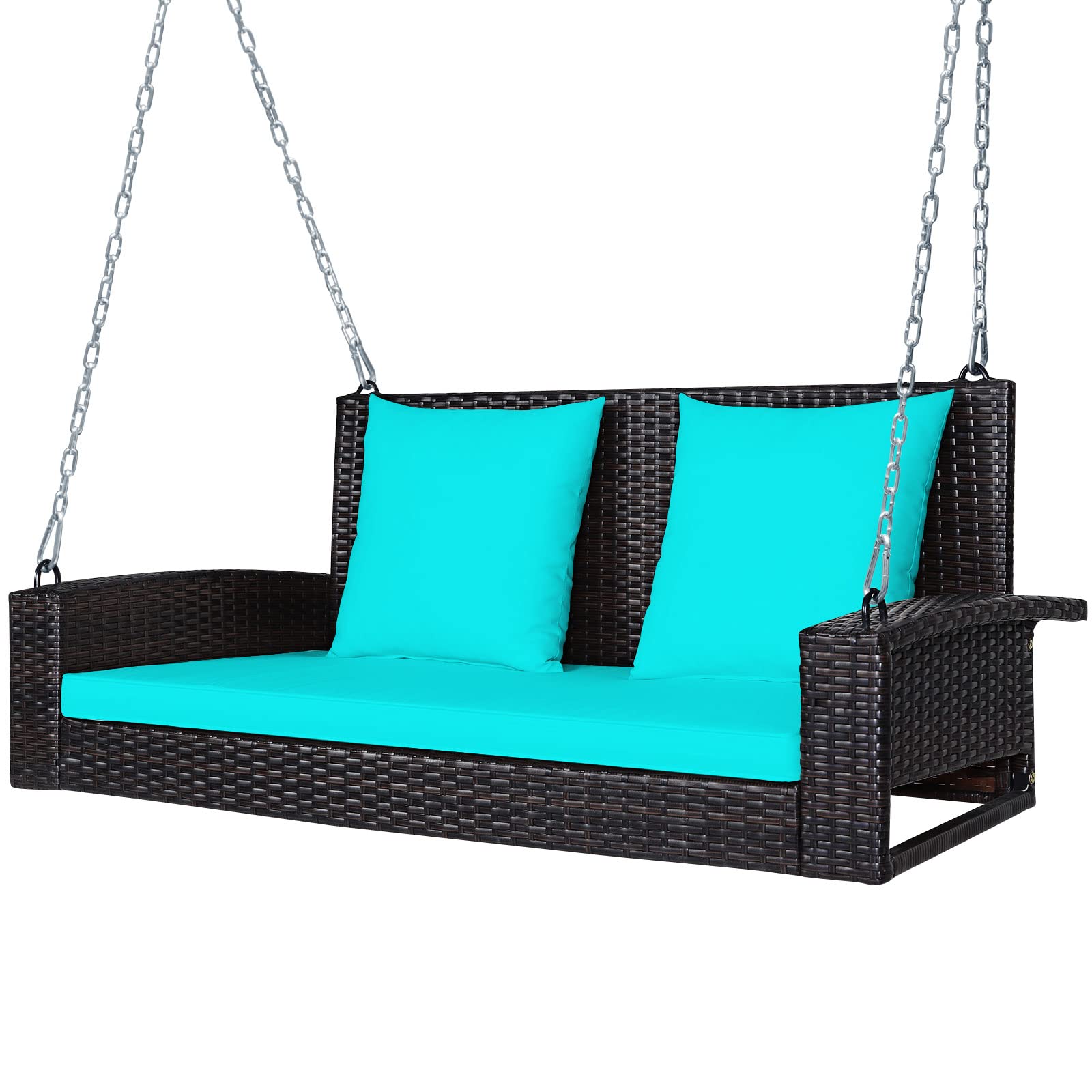 Tangkula 2-Person Wicker Hanging Porch Swing, Patiojoy Outdoor Rattan Swing Bench W/ 2 Back Cushions & 1 Seat Cushion, Sturdy Steel Chain, 800lbs Weight Capacity, Suitable for Deck, Backyard, Garden