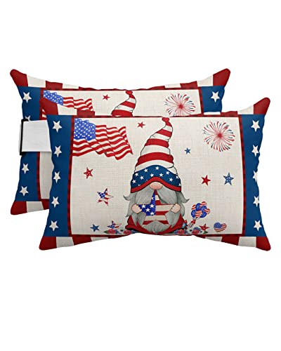 Recliner Head Pillow Ledge Loungers Chair Pillows with Insert Independence Day USA Flag Gnome Linen Lumbar Pillow with Adjustable Strap Outside Patio Decorative Garden Cushion for Bench Couch, 2 PCS