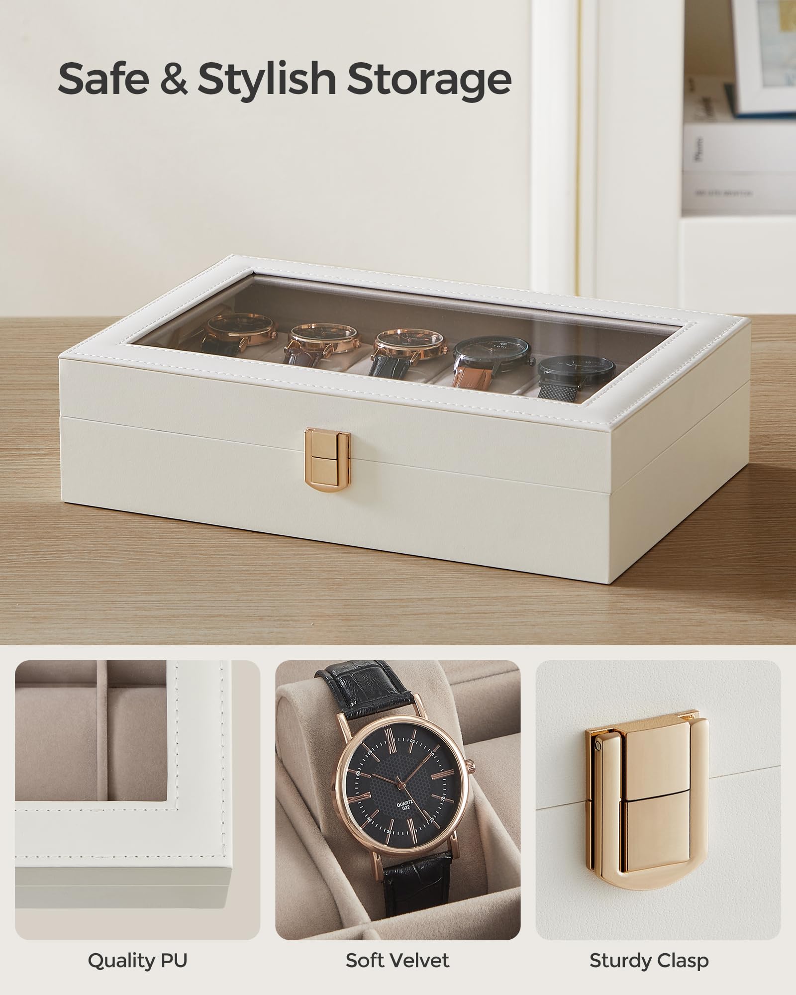 SONGMICS Watch Box, 12-Slot Watch Case with Large Glass Lid, Removable Watch Pillows, Watch Box Organizer, Gift for Loved Ones, Cloud White Synthetic Leather, Cappuccino Beige Lining UJWB120W01