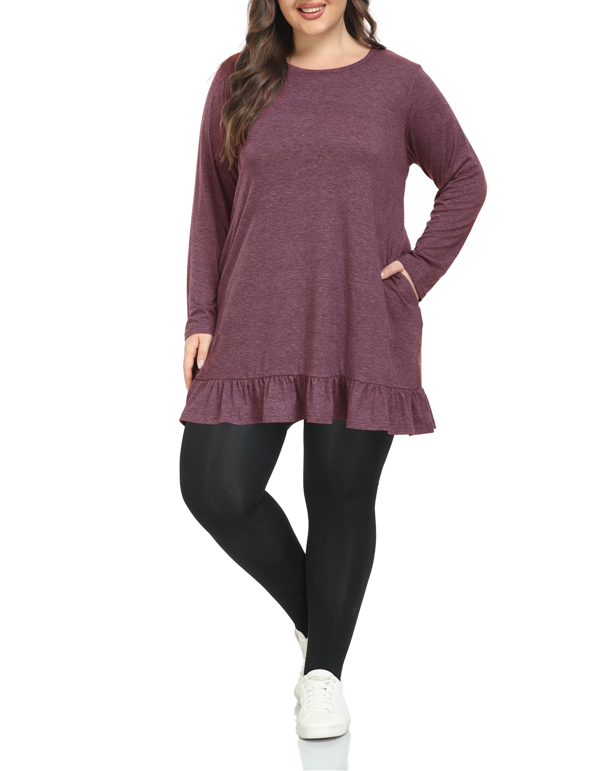 Long Plus Size Tunic Tops for Women Ruffle Hem Shirts for leggings (Red, 4X)