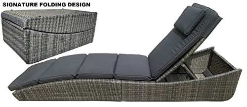 BTEXPERT Foldable Outdoor Chaise Pool Lounge Chair Folding Wicker Rattan Sun Bed Patio Couch Reclining Lounger Adjustable Padded Backrest Pillow Assembled Set of 2, Grey - Two Piece