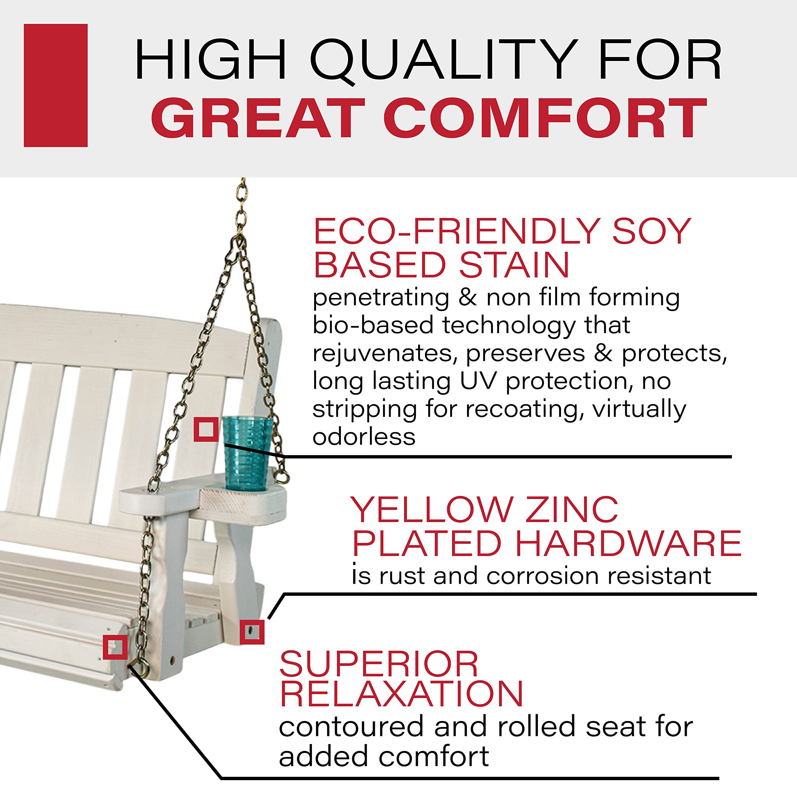 Amish Casual Heavy Duty 800 Lb Mission Treated Porch Swing with Hanging Chains and Cupholders (4 Foot, Semi-Solid White Stain)