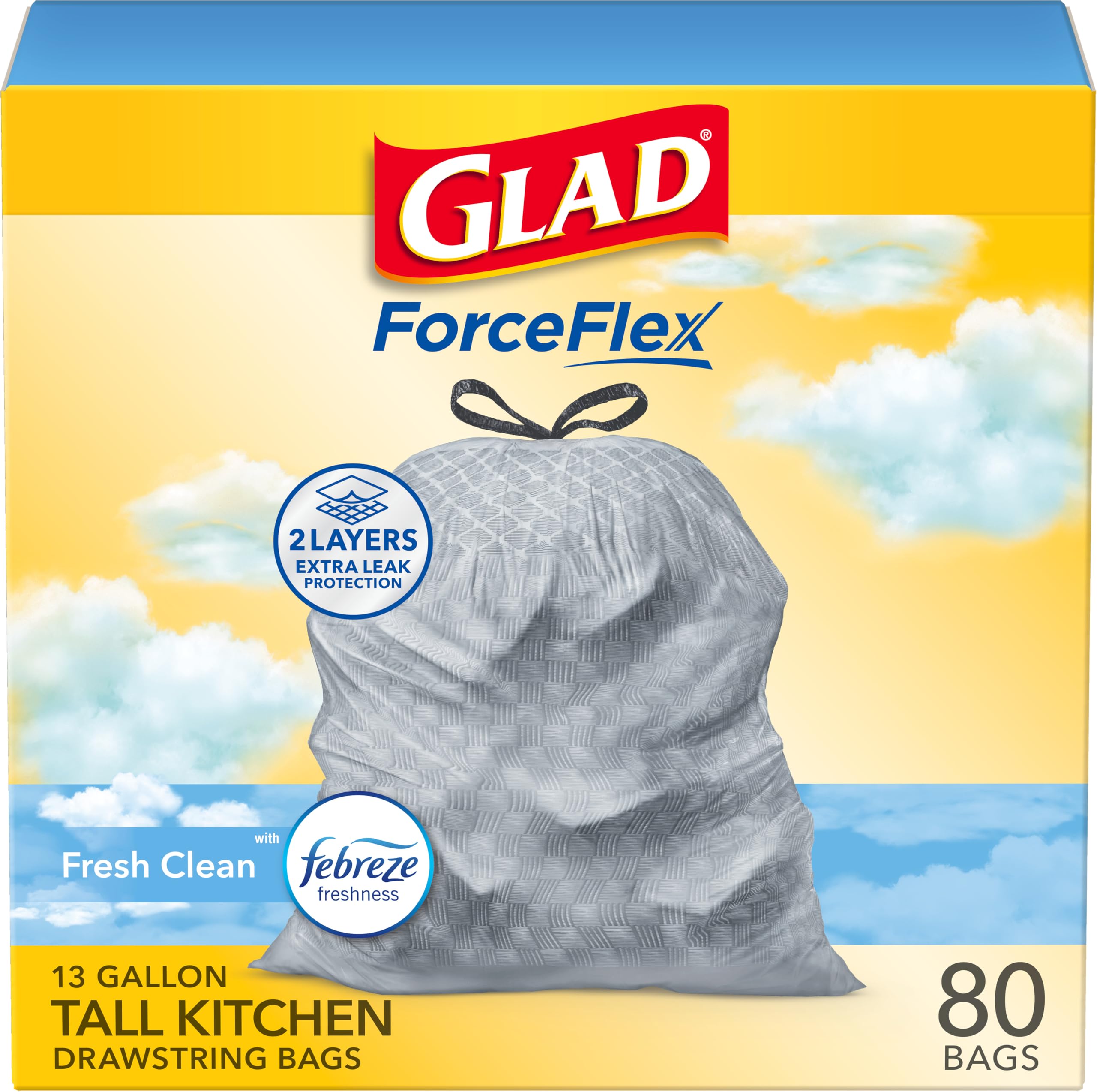 GLAD ForceFlex Tall Drawstring Trash Bags, 13 Gallon Grey Trash Bags for Tall Kitchen Trash Can, Fresh Clean with Febreze Freshness to Eliminate Odors, 80 Count - Packaging May Vary