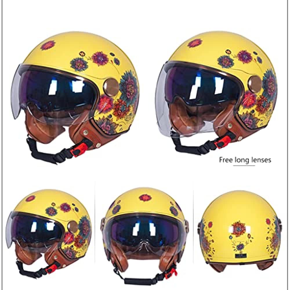 Retro Vespa Motorcycle Helmet ● with Cute Flower Pattern ● 3/4 Open-Face Woman Helmet ● DOT ECE Approved ● Men Street Lightweight Half Helmets ● Moped Cruiser Chopper Scooter Helmet