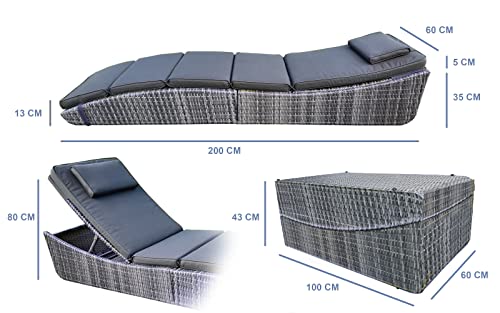 BTEXPERT Foldable Outdoor Chaise Pool Lounge Chair Folding Wicker Rattan Sun Bed Patio Couch Reclining Lounger Adjustable Padded Backrest Pillow Assembled Set of 2, Grey - Two Piece