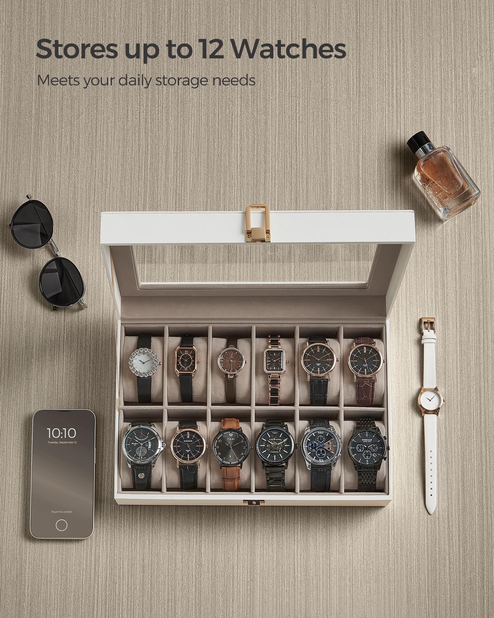 SONGMICS Watch Box, 12-Slot Watch Case with Large Glass Lid, Removable Watch Pillows, Watch Box Organizer, Gift for Loved Ones, Cloud White Synthetic Leather, Cappuccino Beige Lining UJWB120W01