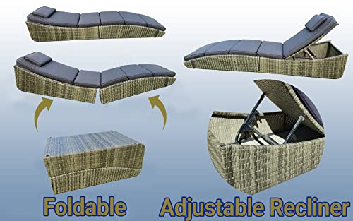 BTEXPERT Foldable Outdoor Chaise Pool Lounge Chair Folding Wicker Rattan Sun Bed Patio Couch Reclining Lounger Adjustable Padded Backrest Pillow Assembled Set of 2, Grey - Two Piece