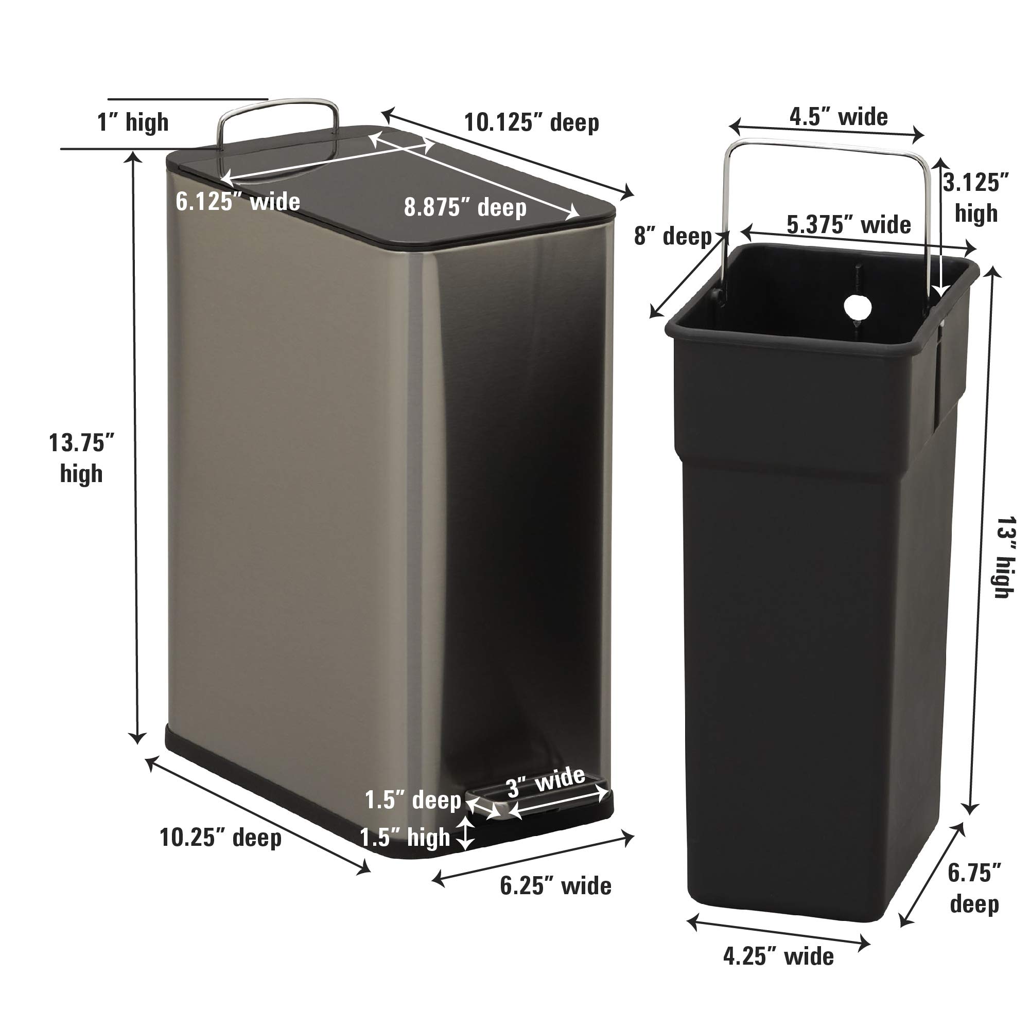 Design Trend Silver Small Stainless Steel Rectangular Trash Can with Lid for Bathrooms | 6 L