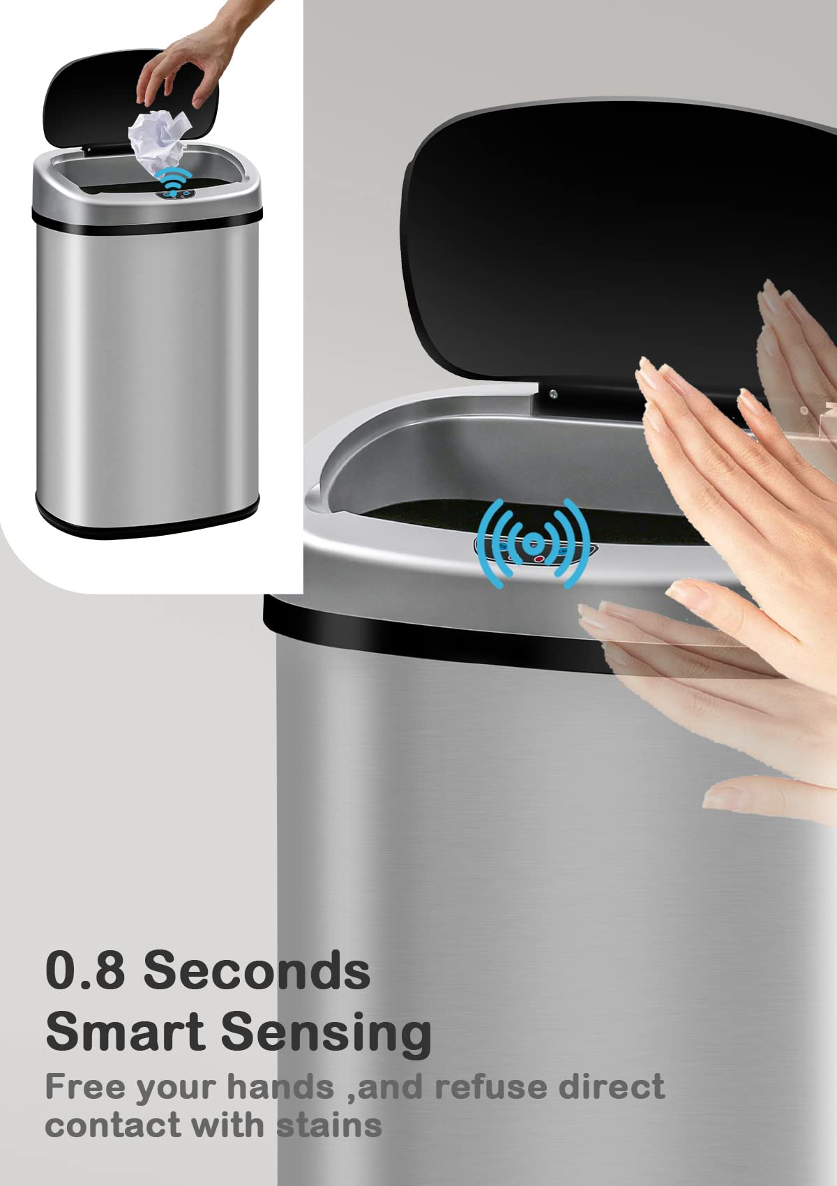 50 Liter/13 Gallon Kitchen Trash Can with Lid, Automatic Trash Can Stainless Steel Garbage Can with Mute Designed, Touchless Trash Can Motion Sensor Trash Can for Kitchen Bedroom Office Bathroom