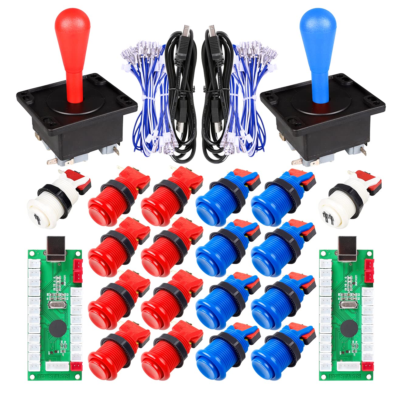 EG STARTS 2 Player Arcade Game DIY Kits Ellipse Oval Happ Type Joystick Hanlde + 18x American Style Arcade Buttons 1/2 Player Start Push Button (Red & Blue)