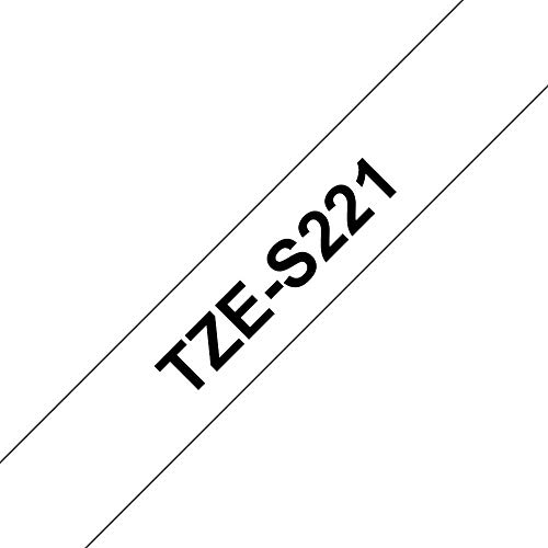 Brother TZe-S221 Labelling Tape Cassette, Black on White, 9mm (W) x 8M (L), Strong Adhesive, Brother Genuine Supplies