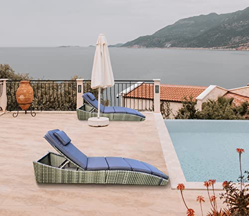 BTEXPERT Foldable Outdoor Chaise Pool Lounge Chair Folding Wicker Rattan Sun Bed Patio Couch Reclining Lounger Adjustable Padded Backrest Pillow Assembled Set of 2, Grey - Two Piece
