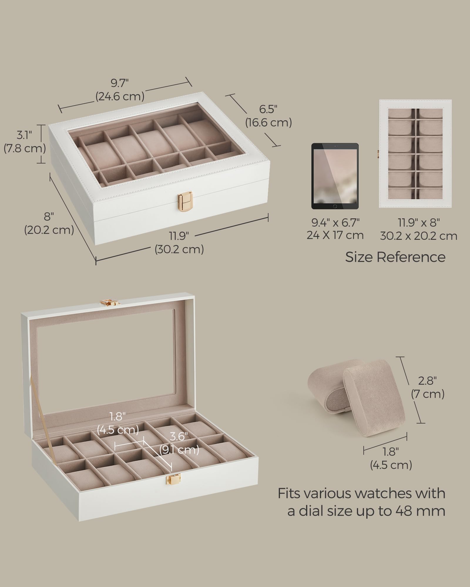 SONGMICS Watch Box, 12-Slot Watch Case with Large Glass Lid, Removable Watch Pillows, Watch Box Organizer, Gift for Loved Ones, Cloud White Synthetic Leather, Cappuccino Beige Lining UJWB120W01