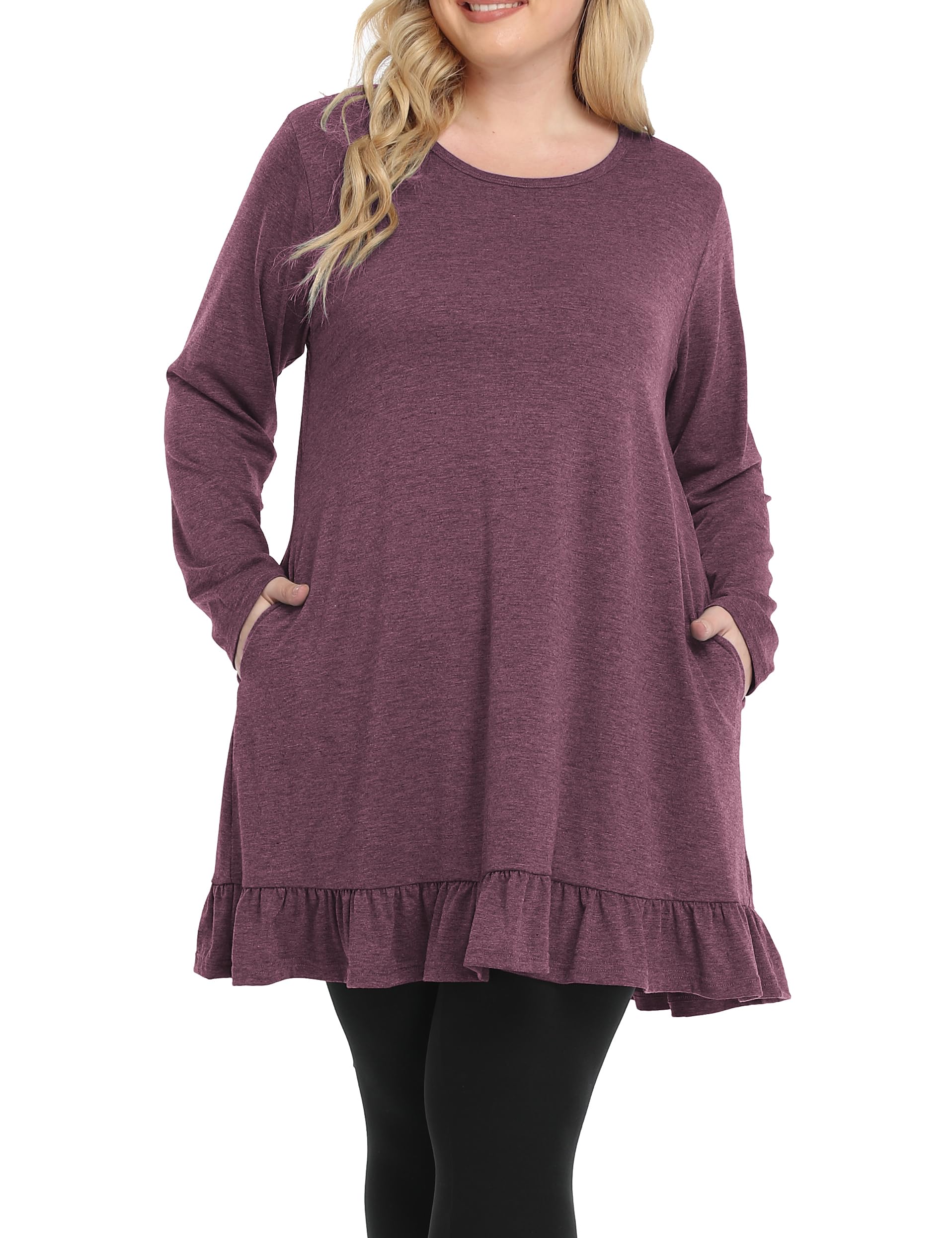 Long Plus Size Tunic Tops for Women Ruffle Hem Shirts for leggings (Red, 4X)