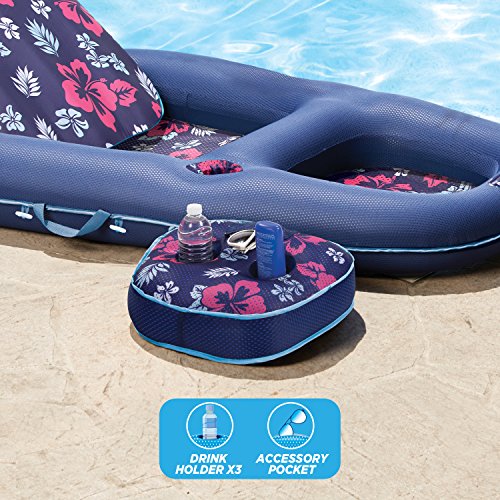 Aqua Campania Ultimate 2-in-1 Pool Float Lounge – Extra Large – Inflatable Pool Floats for Adults with Adjustable Backrest & Cupholder Caddy – Navy Hibiscus