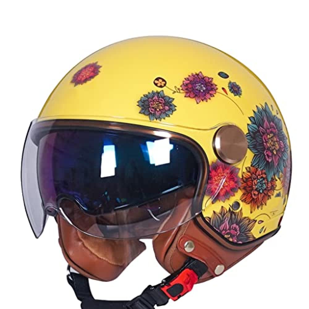 Retro Vespa Motorcycle Helmet β with Cute Flower Pattern β 3/4 Open-Face Woman Helmet β DOT ECE Approved β Men Street Lightweight Half Helmets β Moped Cruiser Chopper Scooter Helmet