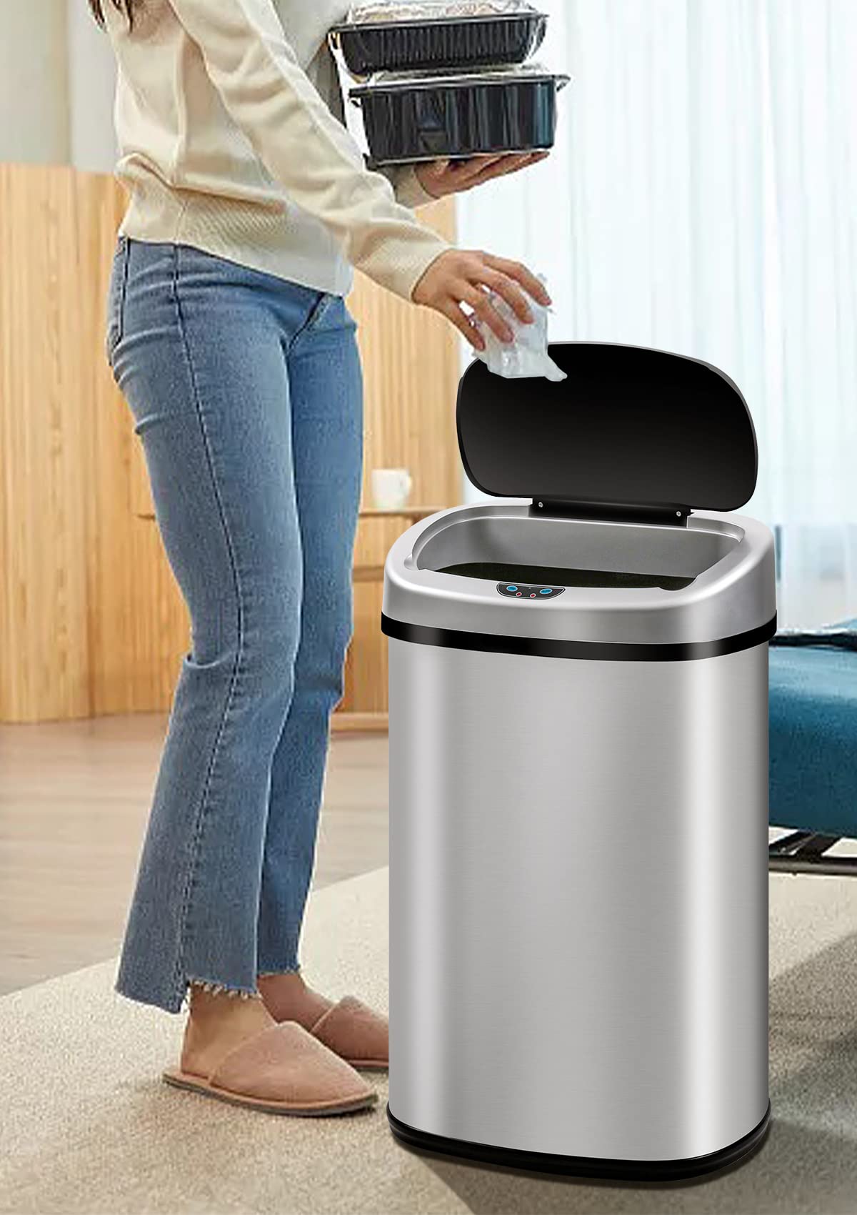 50 Liter/13 Gallon Kitchen Trash Can with Lid, Automatic Trash Can Stainless Steel Garbage Can with Mute Designed, Touchless Trash Can Motion Sensor Trash Can for Kitchen Bedroom Office Bathroom